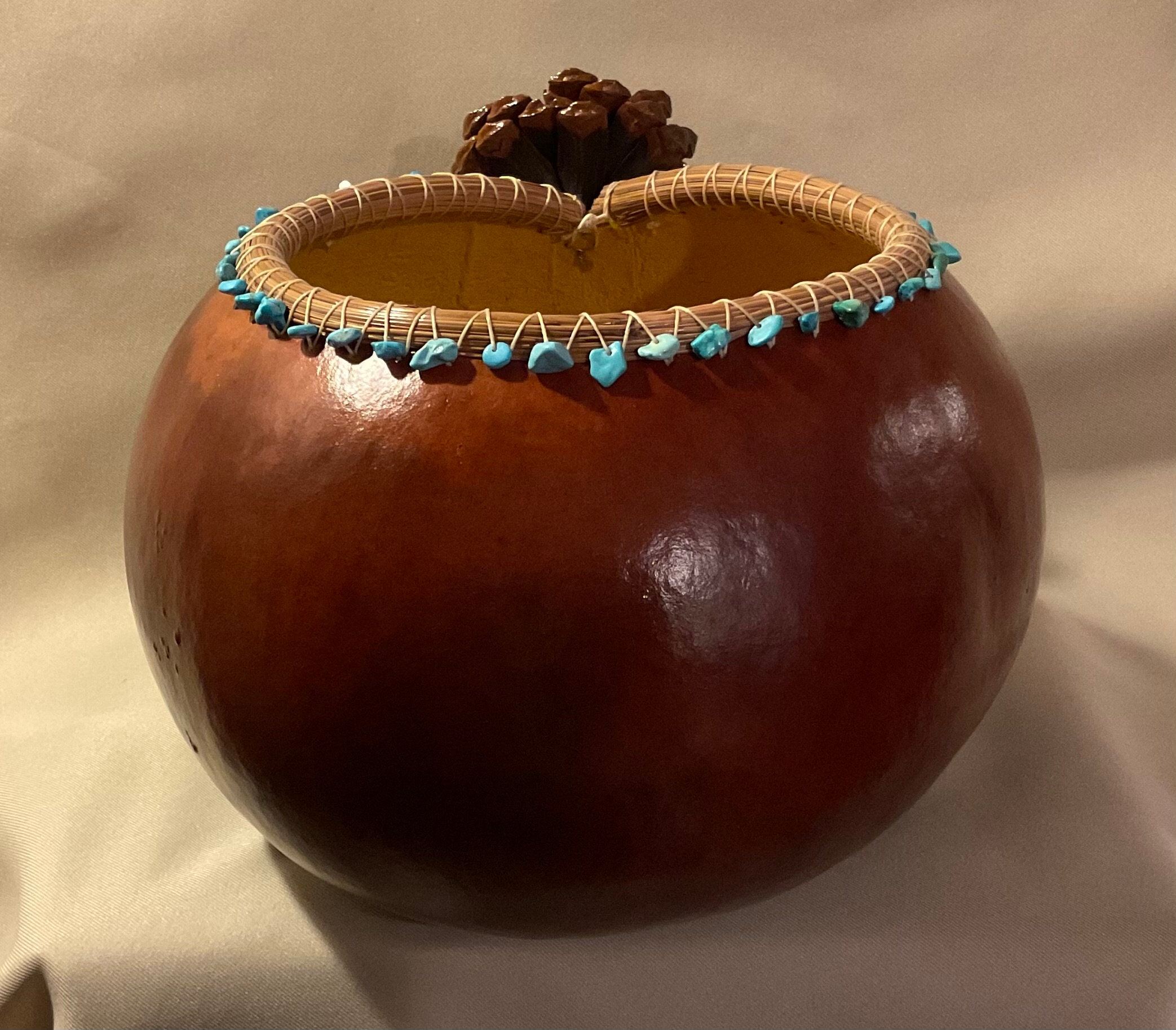 Hard Shell Gourd Bowl With Pine Needle Rim, Pinecone Embellishment and ...