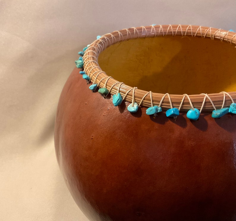 Hard Shell Gourd Bowl, Pine Needle Rim, Pinecone Embellishment ...