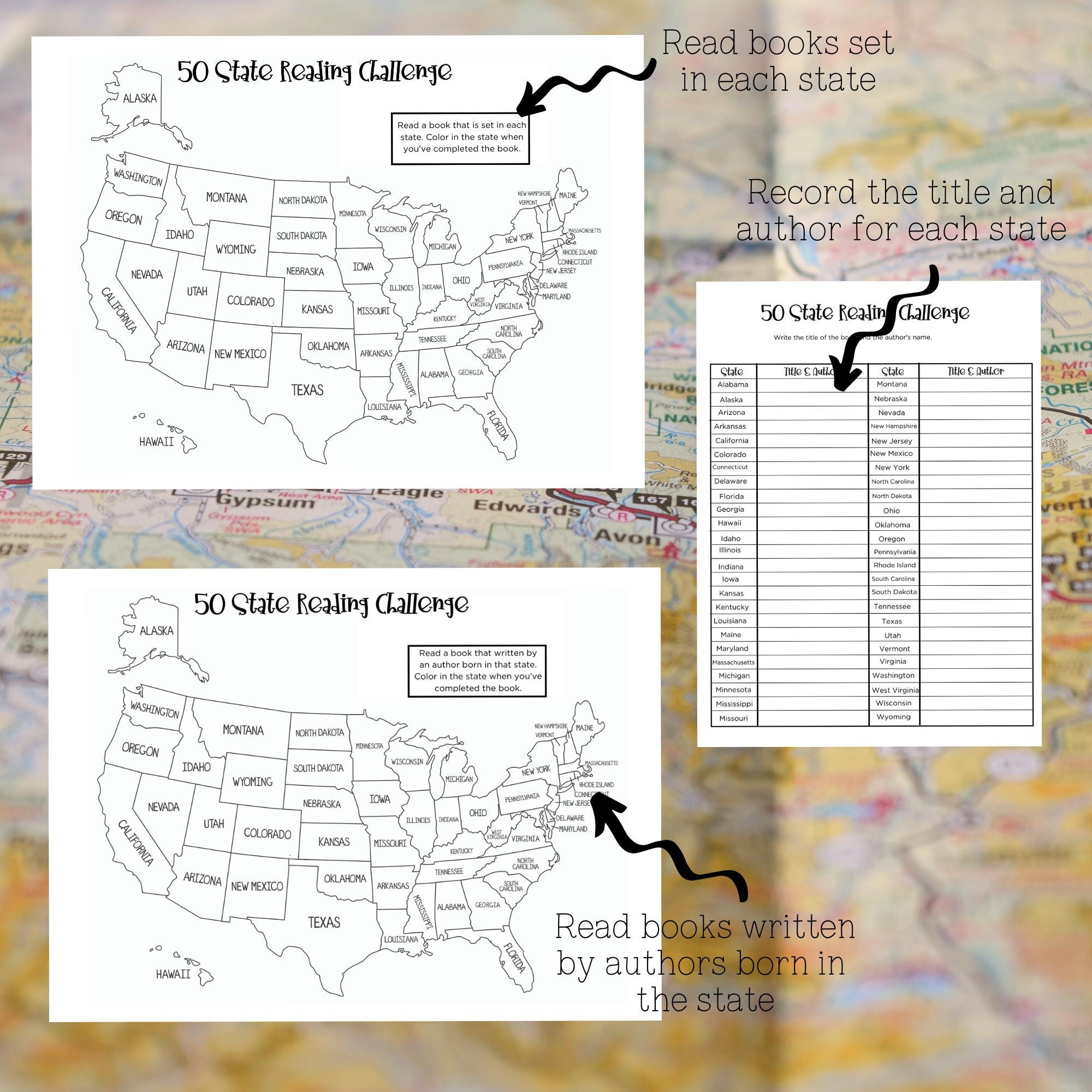 50 State Reading Challenge Tracker ~ Book Tracker ~ Reading Planner ...