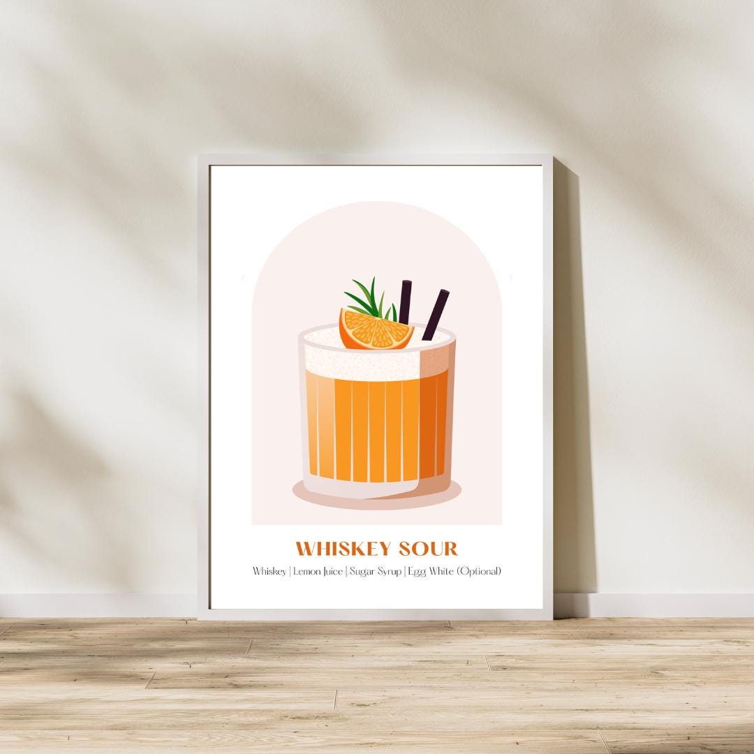 Whiskey Sour Cocktail Print Digital Download | Printable Bar Cart Art ...
