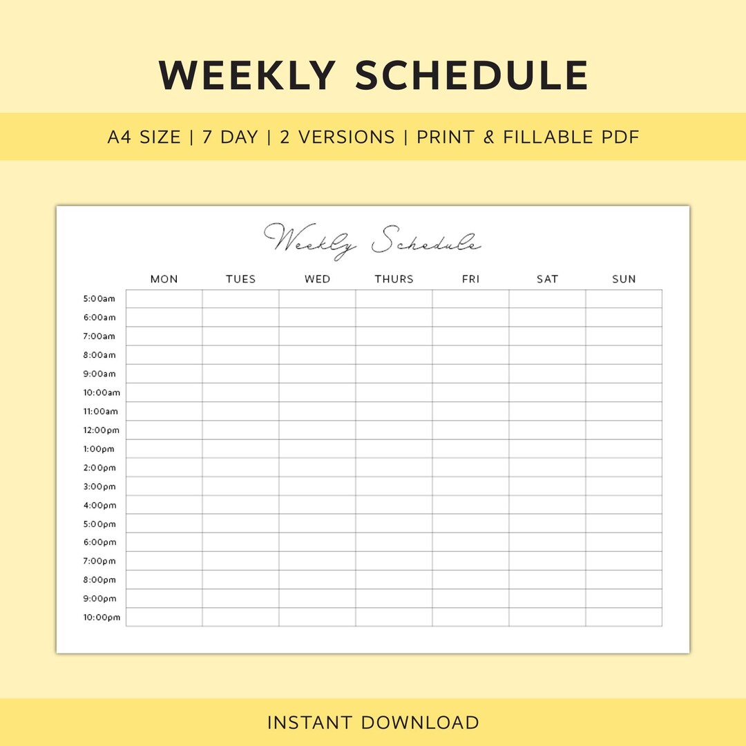 Weekly Schedule Minimalist 7 Day Monday and Sunday Start 5am to 10pm A4 ...