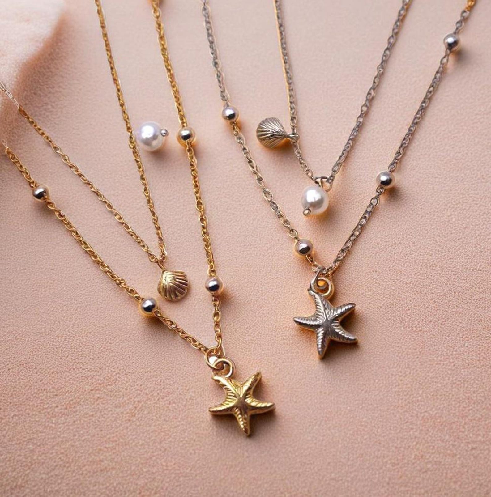 Starfish & Shell Double Layered Necklace, White Pearl Dangling Charms ...