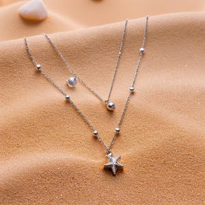 Starfish & Shell Double Layered Necklace, White Pearl Dangling Charms ...