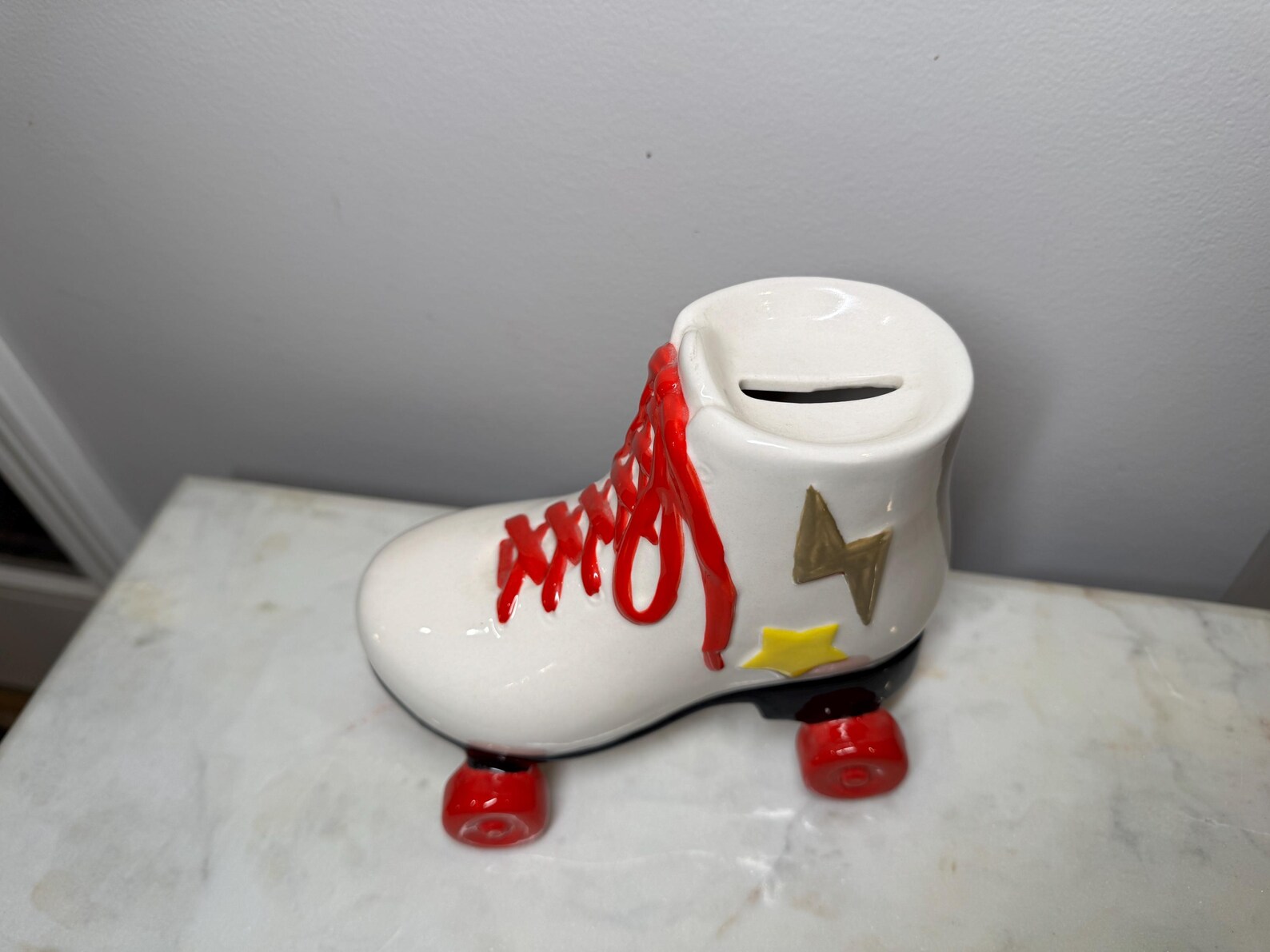 Vintage Small Ceramic Roller Skate Coin Bank - Adorable Glass White ...