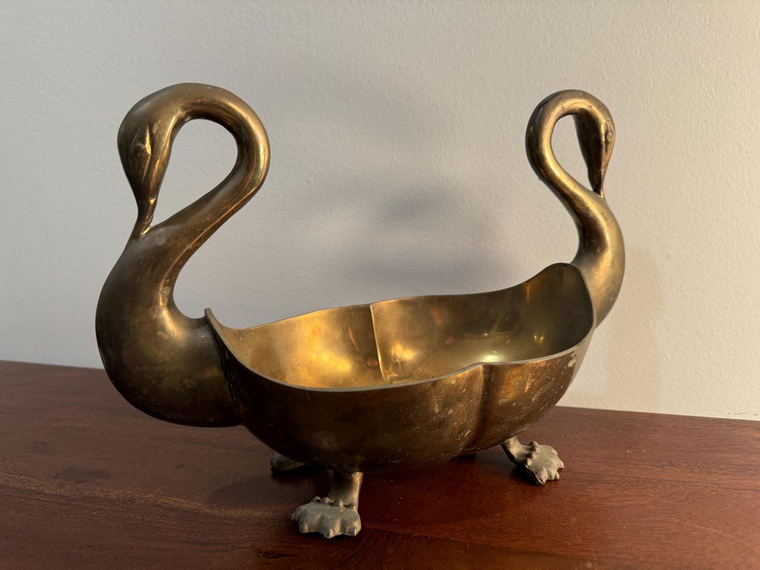 Large Vintage Brass Double Headed Swan Planter, Dish, Two Headed Metal ...