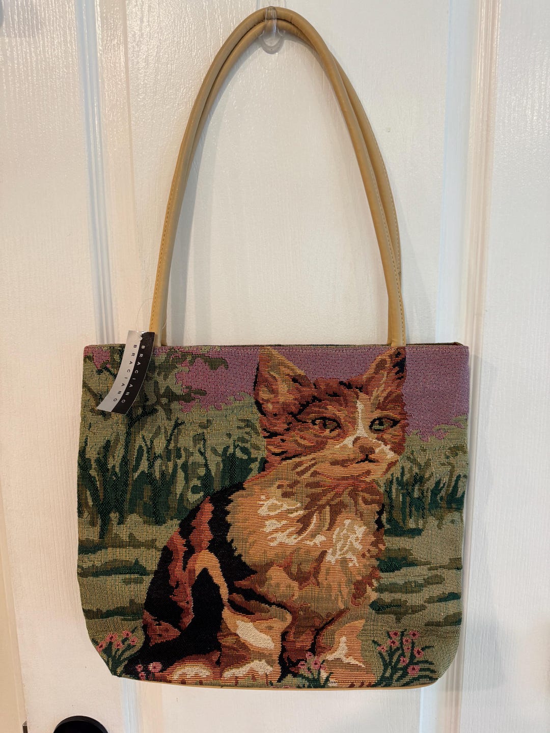Vintage New Old Stock W/ Tags Large Fabric Cat Tapestry Print Tote ...