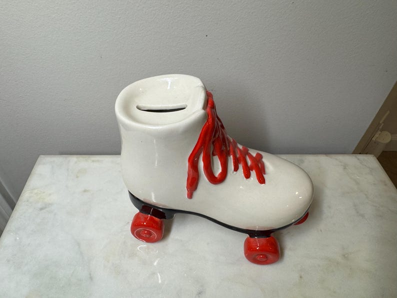 Vintage Small Ceramic Roller Skate Coin Bank - Adorable Glass White ...