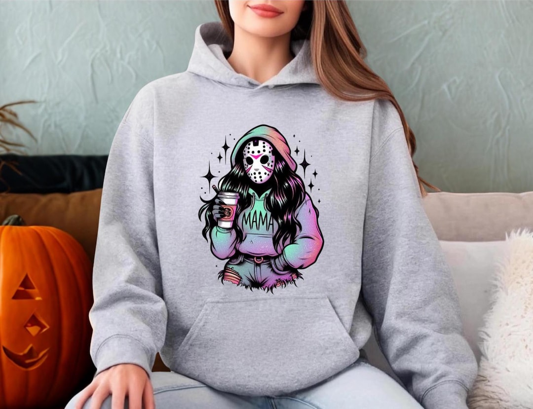Halloween Mama Hoodie: Spooky Horror Mask & Coffee Graphic - Etsy
