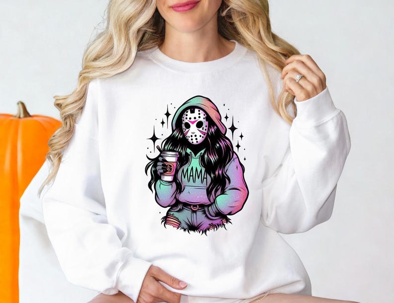 Halloween Mama Hoodie: Spooky Horror Mask & Coffee Graphic - Etsy