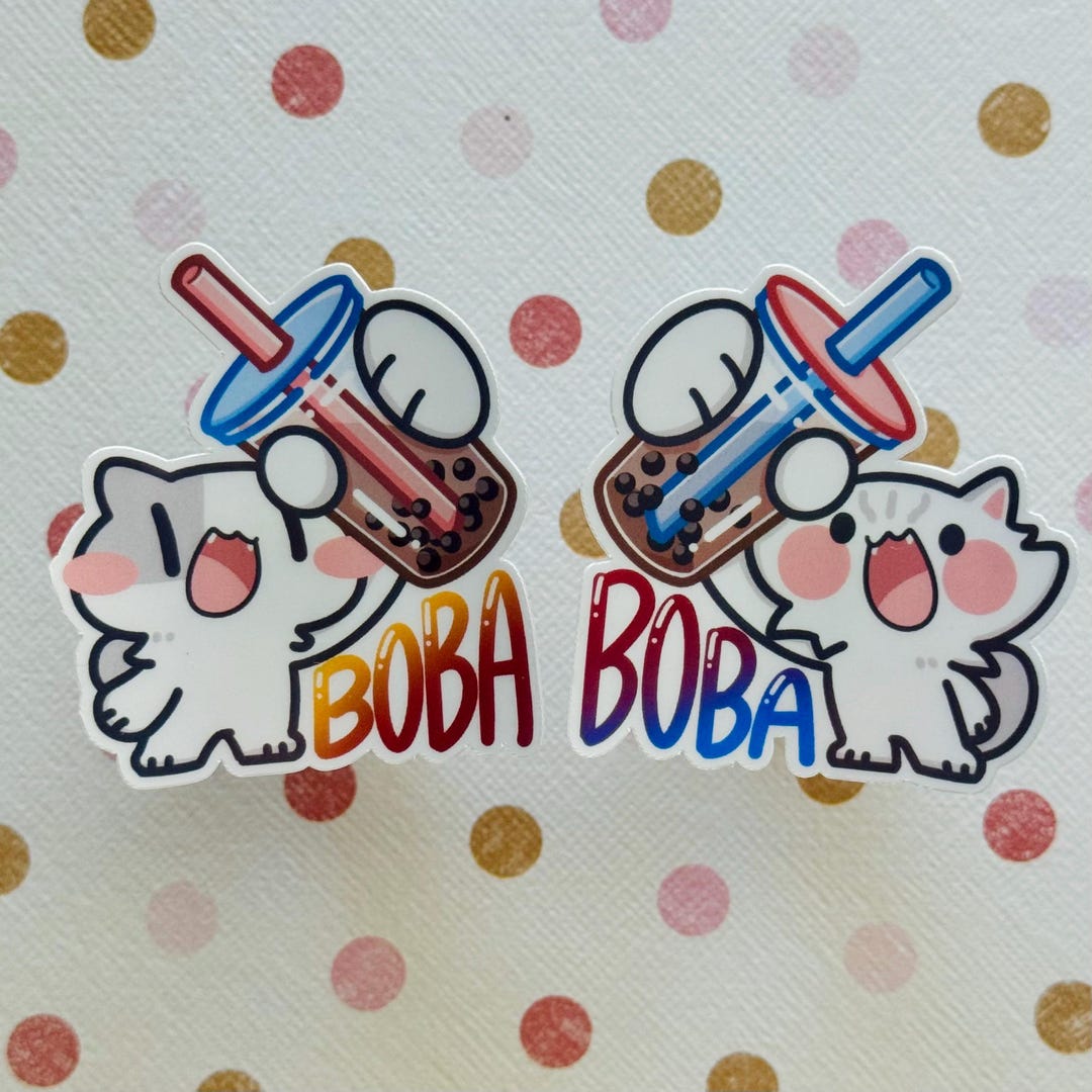 Boba Bubble Tea Milk Tea Cats Stickers, Kawaii Glossy Vinyl Die Cut ...