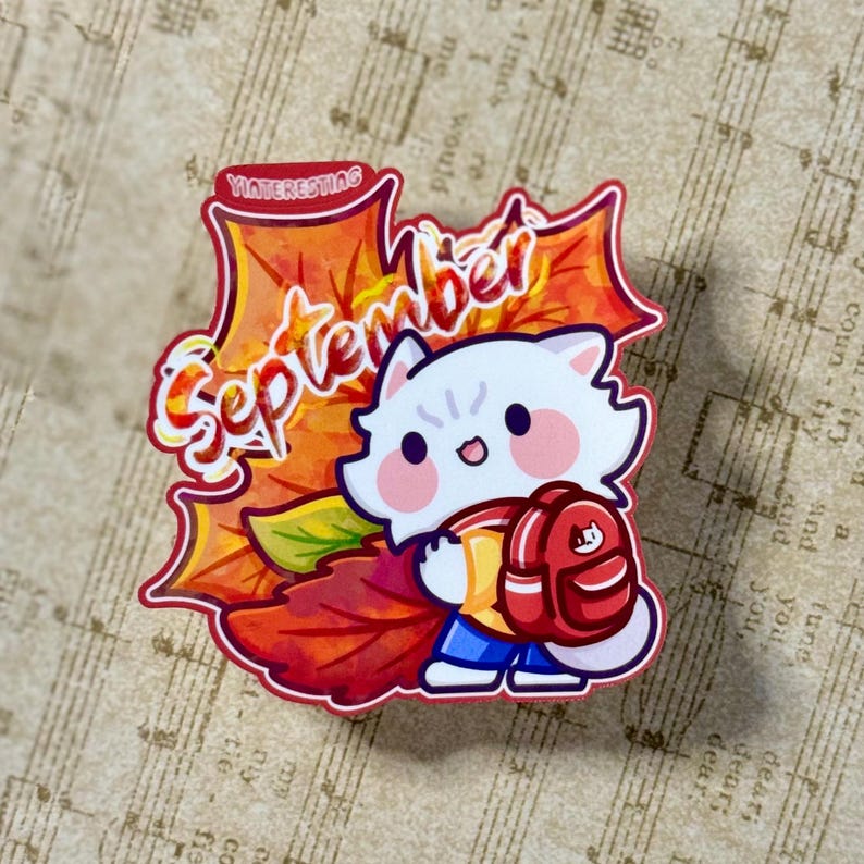 September Sticker of the Month Cute Cat, Glossy Vinyl Die Cut Sticker ...