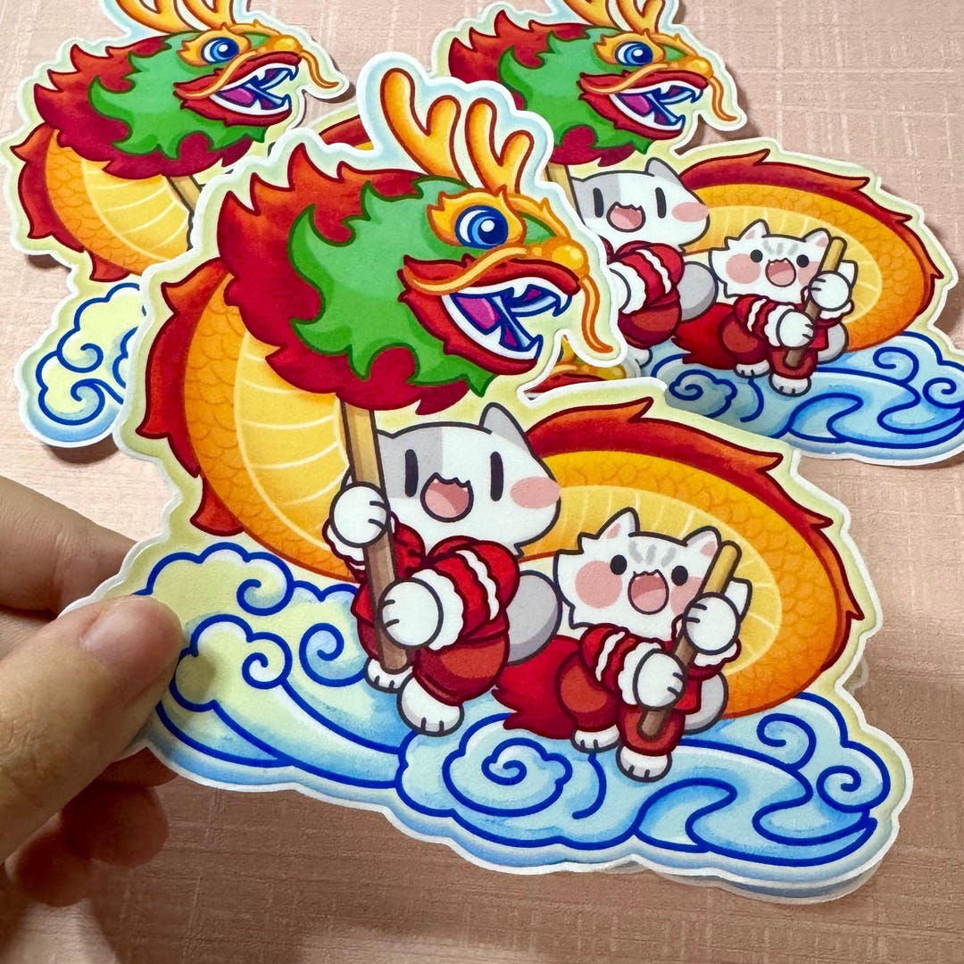Chinese Dragon Dance Cat Sticker: Kawaii Glossy Vinyl Decal - Etsy