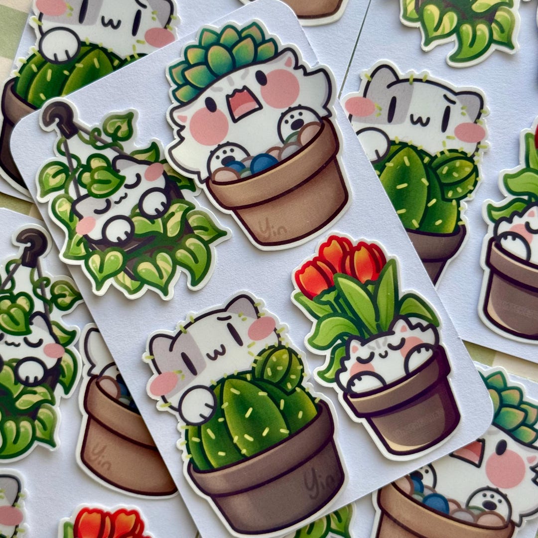 Plants Cats Stickers, Tulips Pothos Kawaii Glossy Vinyl Die Cut Sticker ...