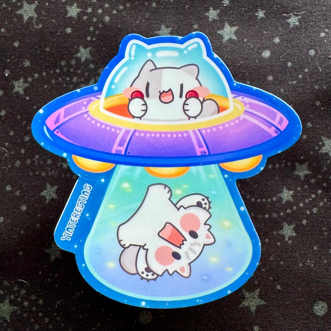 UFO Aliens Cute Cat Sticker, Kawaii Vinyl Die Cut Sticker, Weatherproof ...