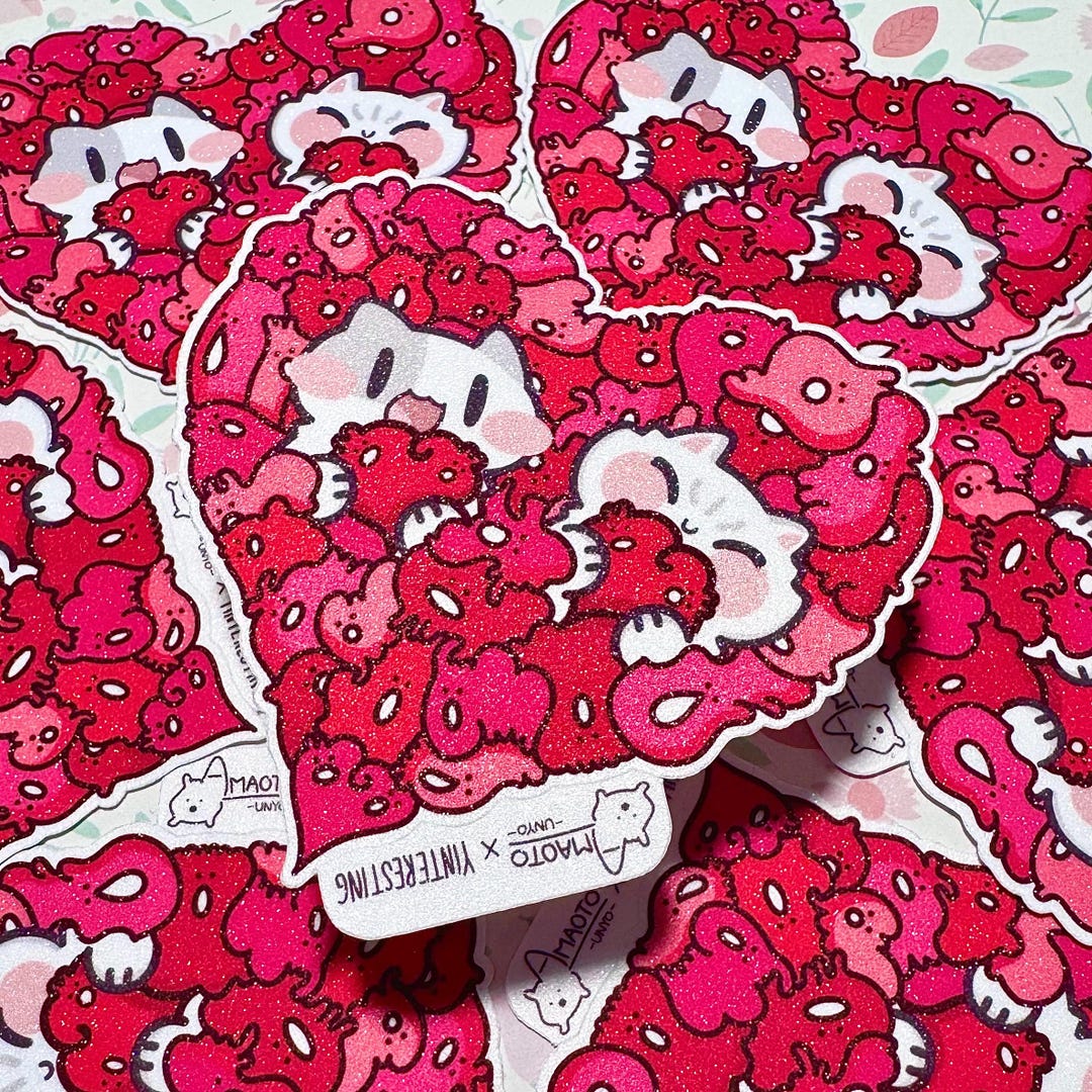 Heart Unyos Cute Cat Sticker, Kawaii Heart Glitter Vinyl Die Cut ...