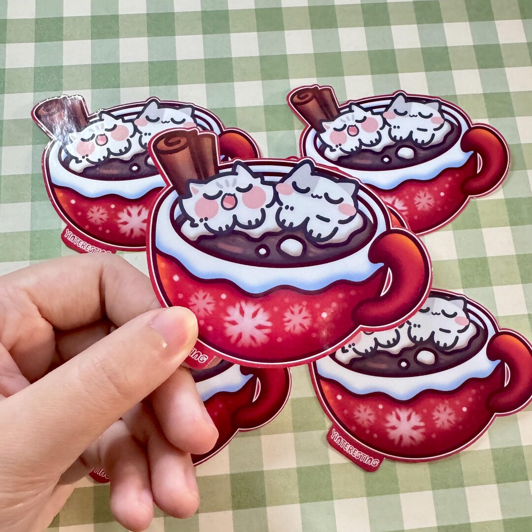Hot Chocolate Cat Sticker, Kawaii Glossy Vinyl Die Cut Sticker ...