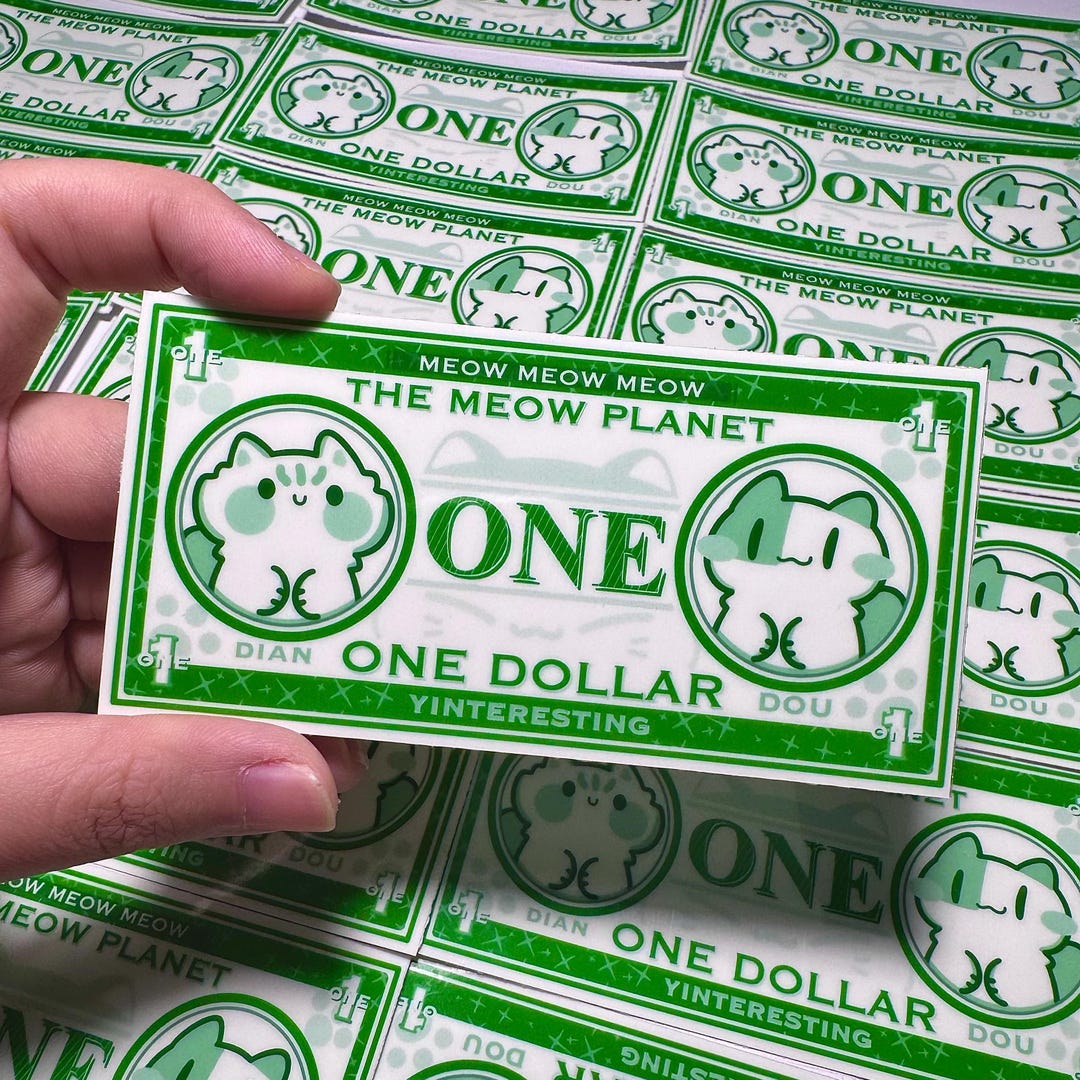 Meow Dollar Bill Money Glow in the Dark Cute Cat Sticker, Kawaii Glossy ...