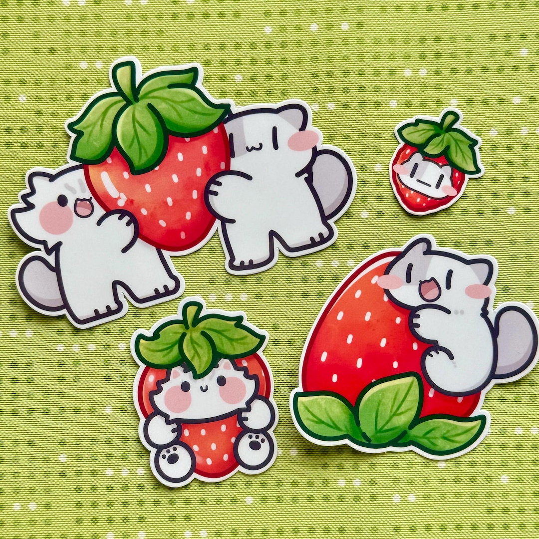 Strawberry Cat Sticker Set: Kawaii Glossy Vinyl Die Cut Stickers - Etsy