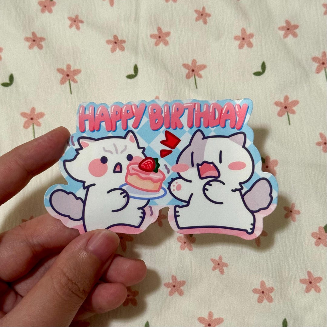 Happy Birthday Cat Sticker: Kawaii Glossy Vinyl Die Cut - Etsy