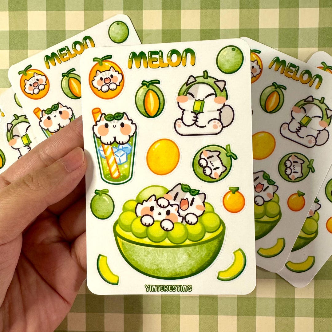 Melon Meow Cute Cat Sticker Sheet, Fruit Glossy Sticker Sheet ...