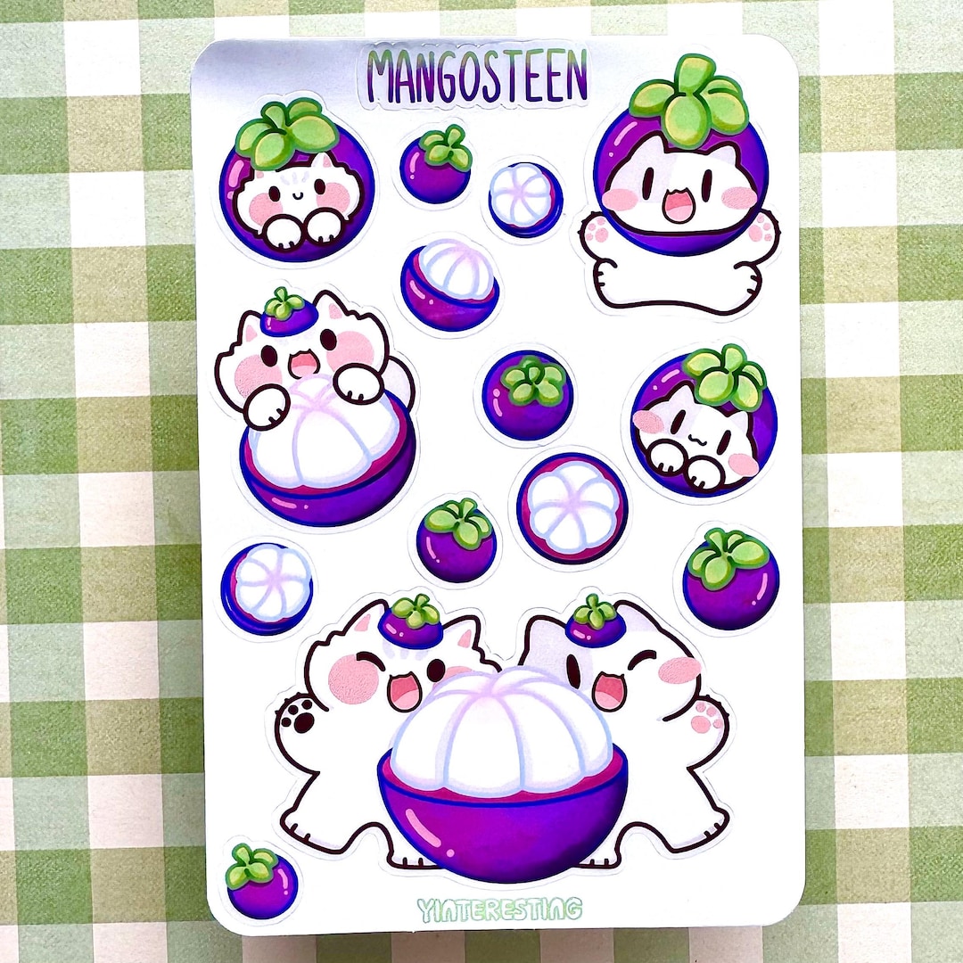 Mangosteen Meow Cute Cat Sticker Sheet, Fruit Glossy Sticker Sheet ...