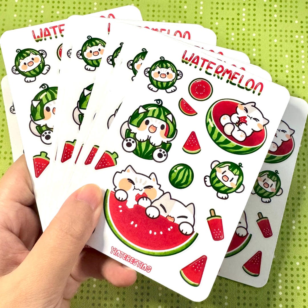 Watermelon Meow Cute Cat Sticker Sheet, Fruit Glossy Sticker Sheet ...