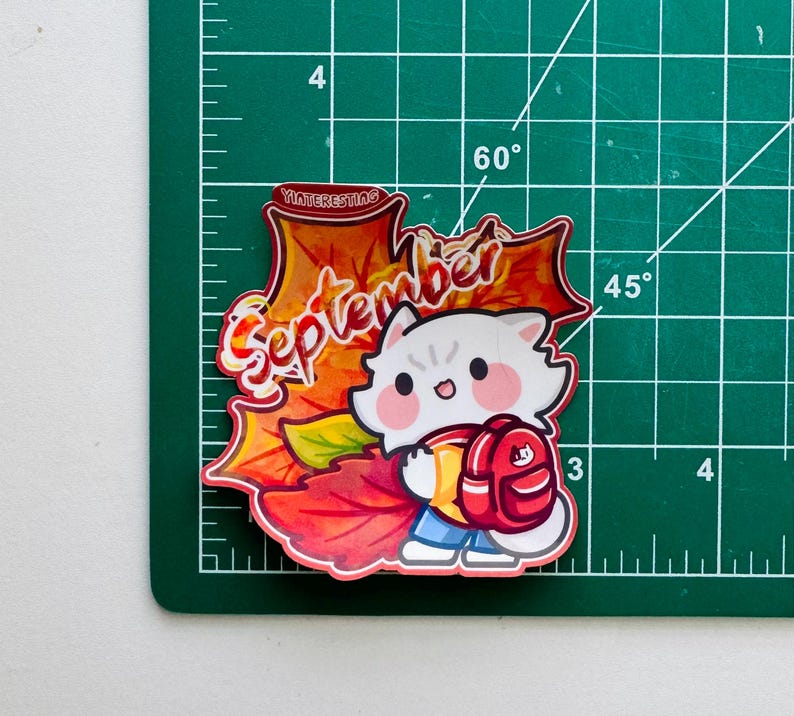 September Sticker of the Month Cute Cat, Glossy Vinyl Die Cut Sticker ...