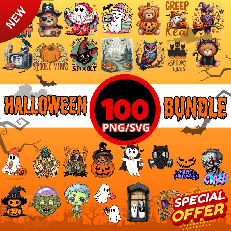 Spooky Halloween Bundle: 100 PNG / SVG Designs for Crafts & Decorations ...