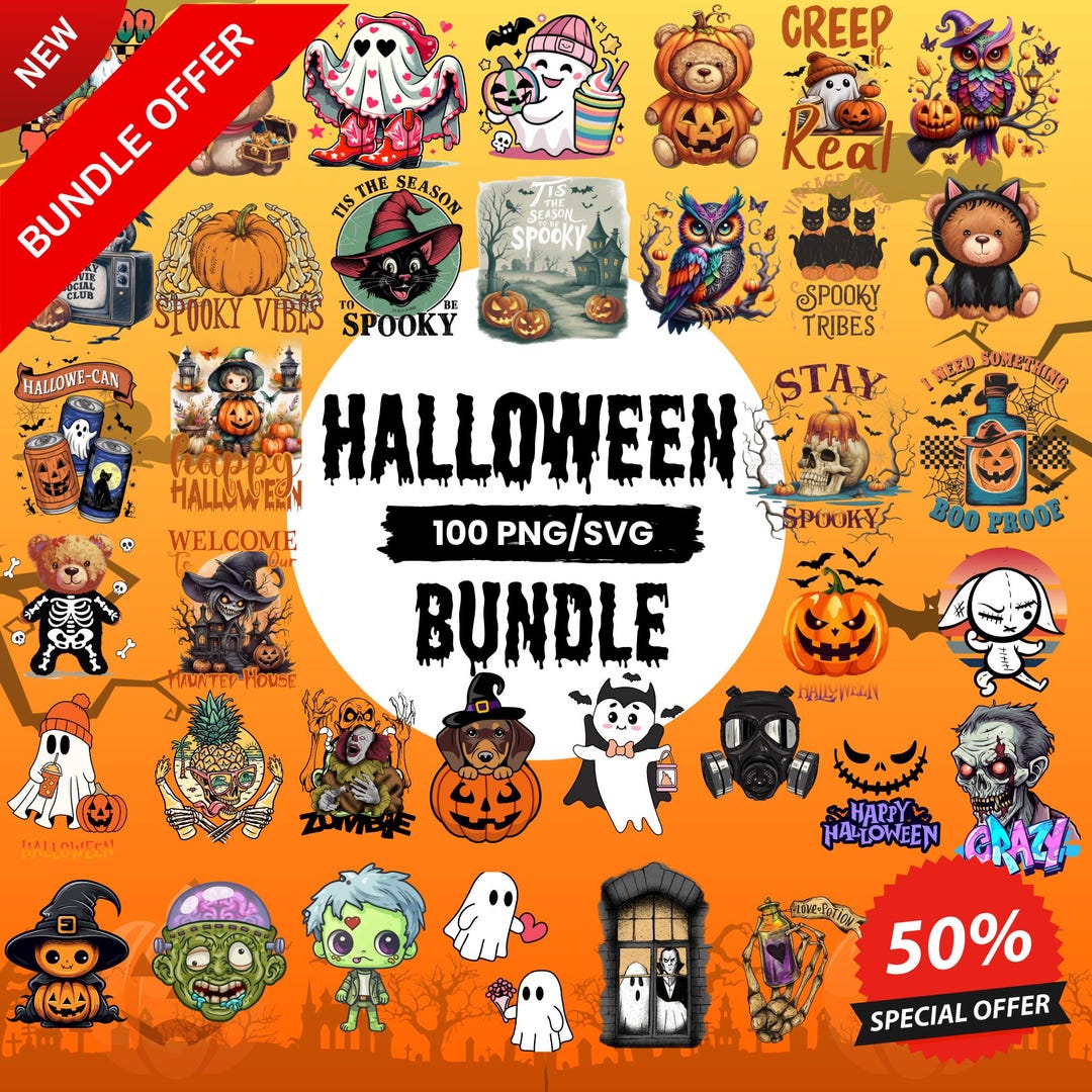 Spooky Halloween Bundle: 100 PNG / SVG Designs for Crafts & Decorations ...