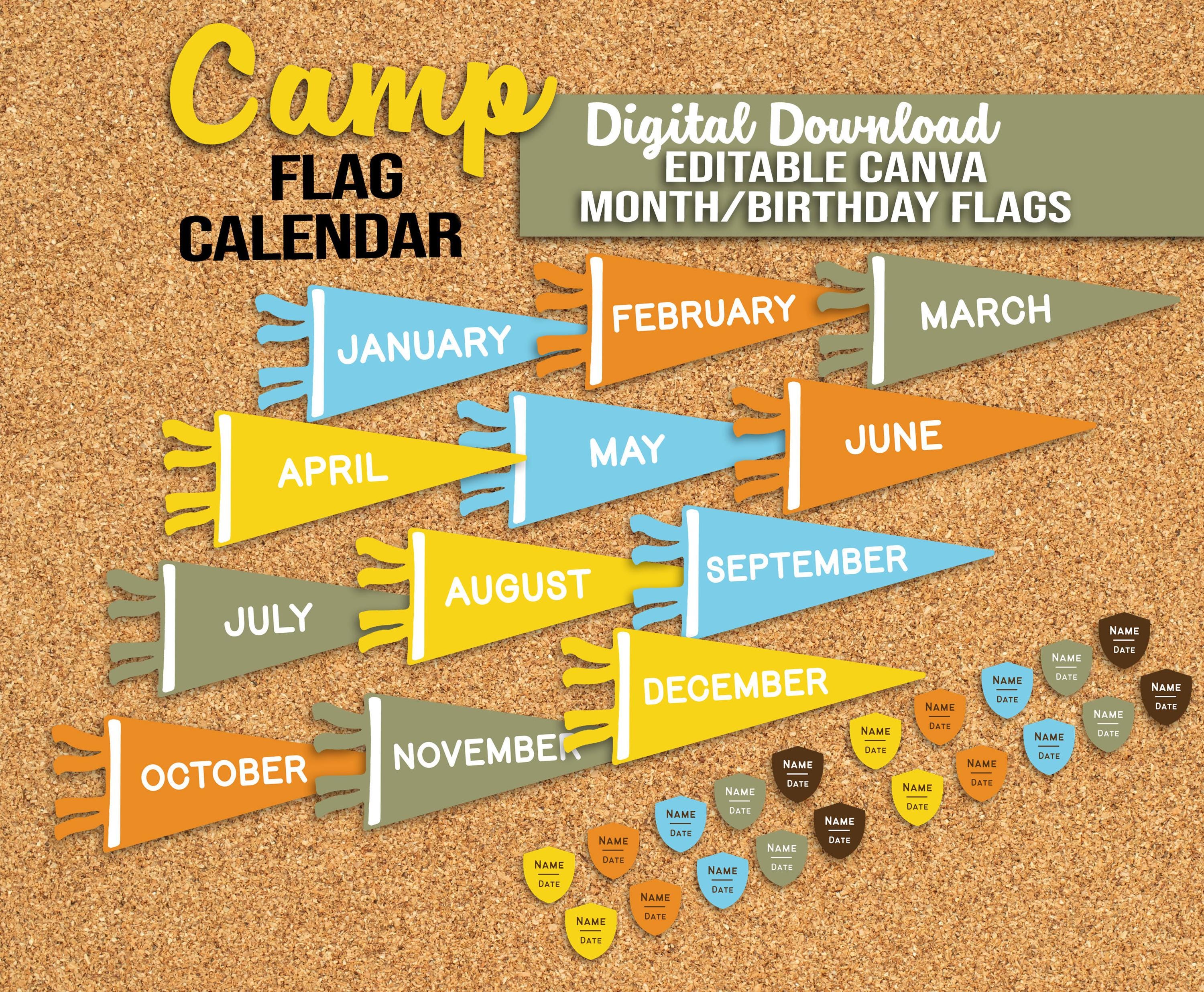 Camp Birthday Month Calendar-camp Flag Signs-camping Classroom-woodland ...