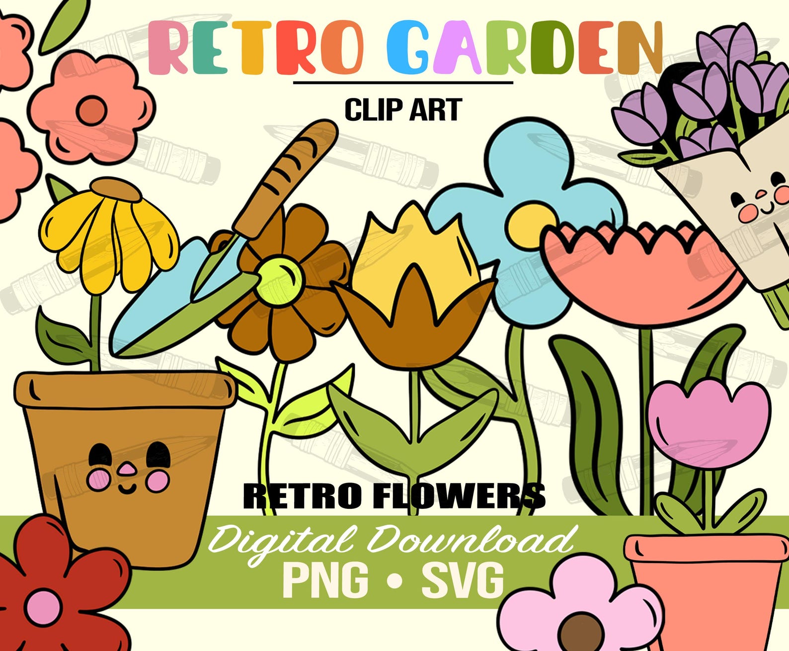 Retro Flower Clip Art-cute Hand Drawn Cartoon Flower Faces-digital-svg ...