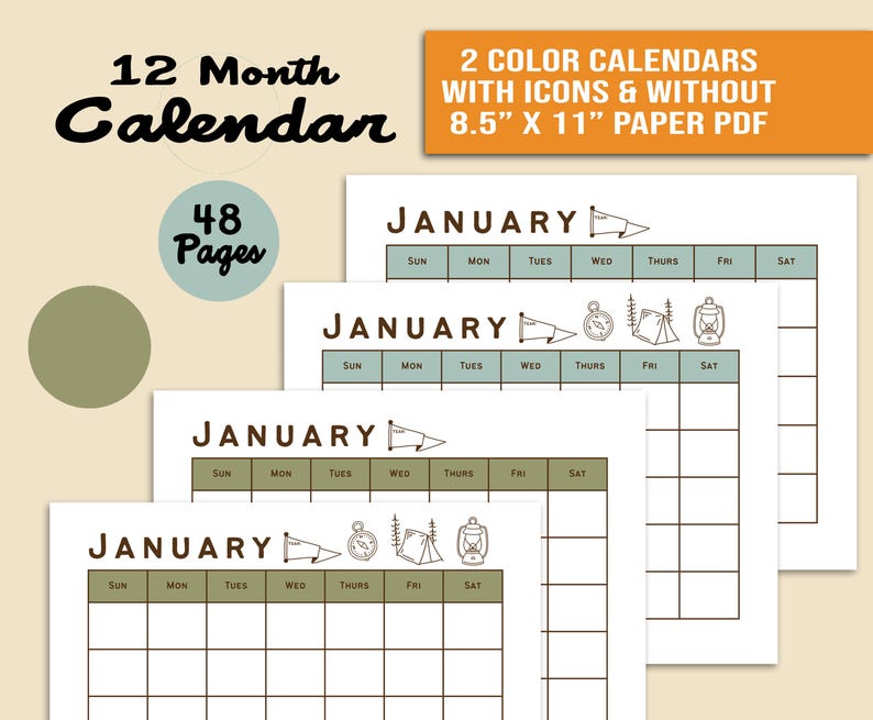 Camp Calendar-digital Download Camping Calendar-12 Month Printable ...