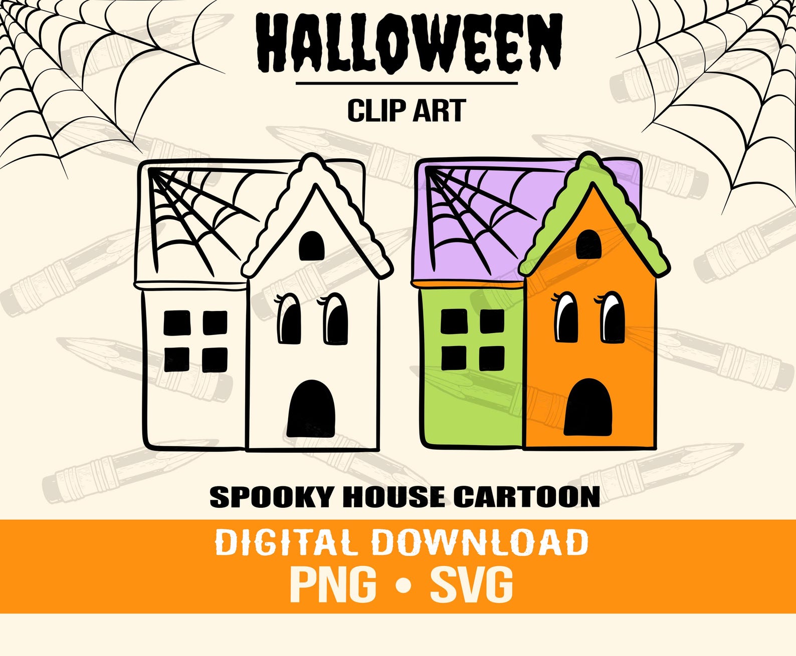 Spooky House Face Clip Art-hand Drawn Halloween Cartoon Mansion Digital ...