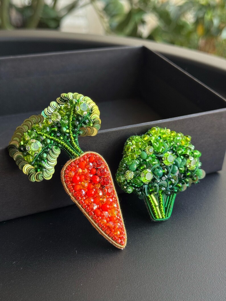 Set of Vegetables Brooch, Сarrots and Broccoli Crystal Pin, Vegan Gift ...