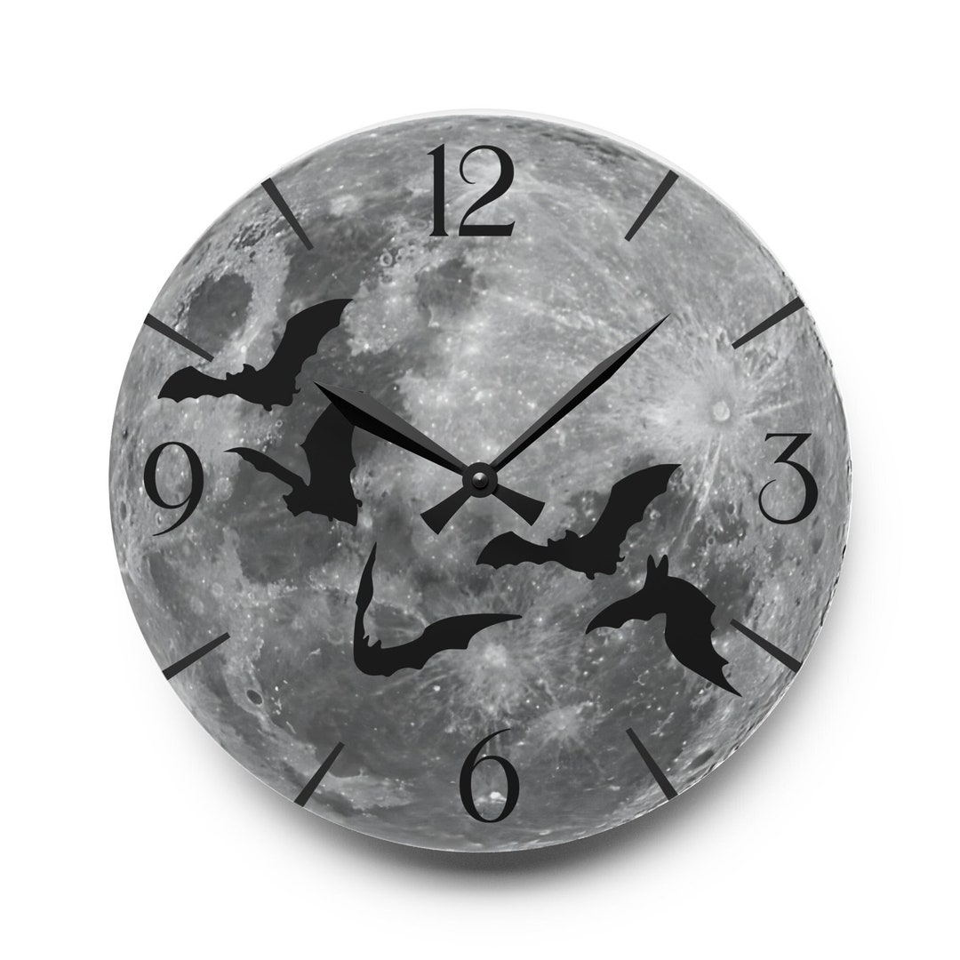 Spooky Bats Full Moon Acrylic Wall Clock- Halloween Clock, Spooky Wall ...