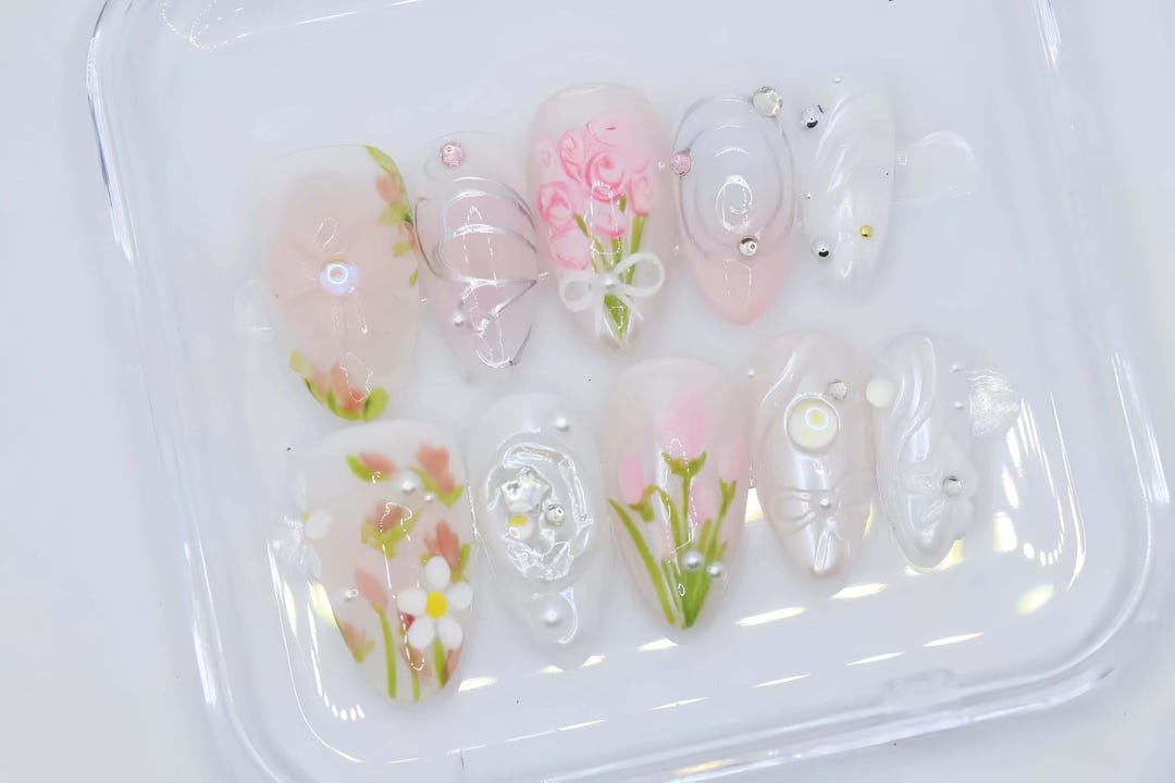 Flesh Flower Nails,custom Hand Painted Acrylic Nails, 3D Press on Nail ...