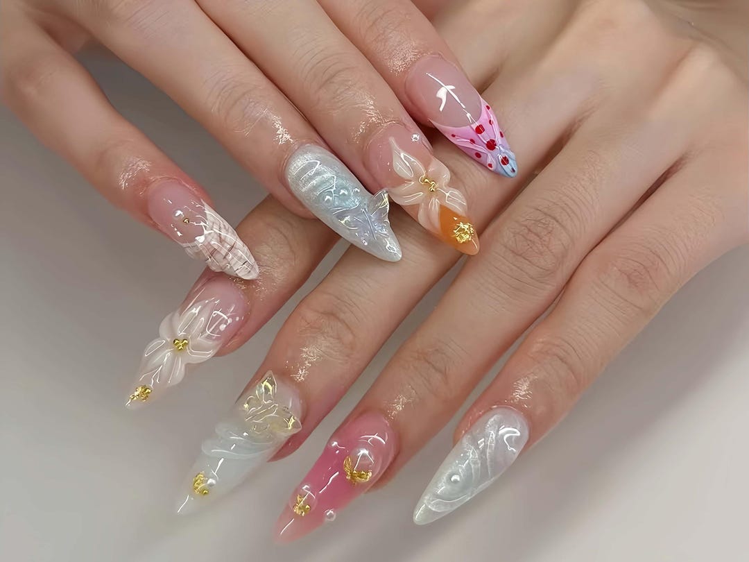 Elegant 3D Flower Nail Handmade French Tip Nails, Bow Fake Nails for ...