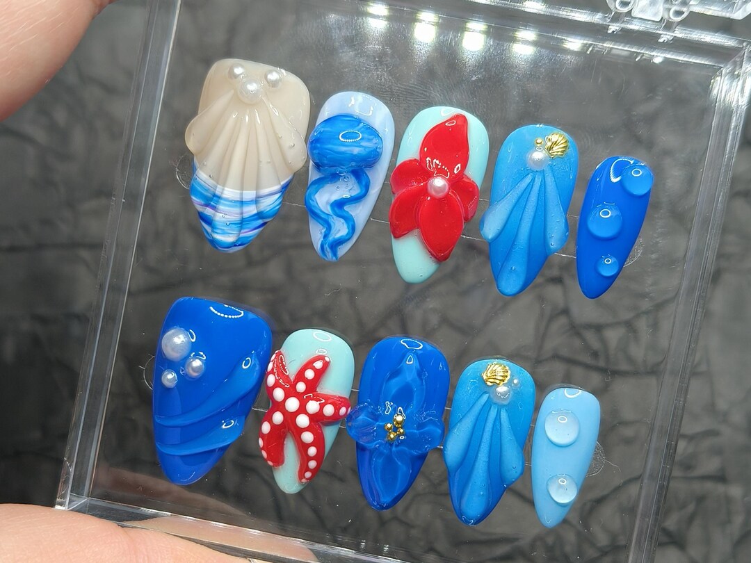 Trendy 3D Seashell Nail for Summer Medium Almond Press on Nail, Custom ...
