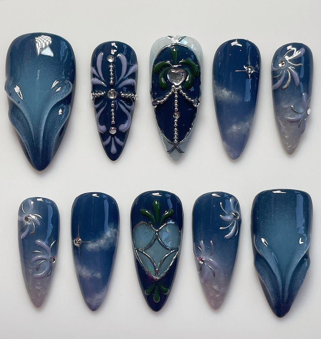3D Blue Nails,custom Hand Painted Acrylic Nails, 3D Press on Nail ...