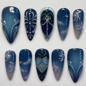 3D Blue Nails,custom Hand Painted Acrylic Nails, 3D Press on Nail ...