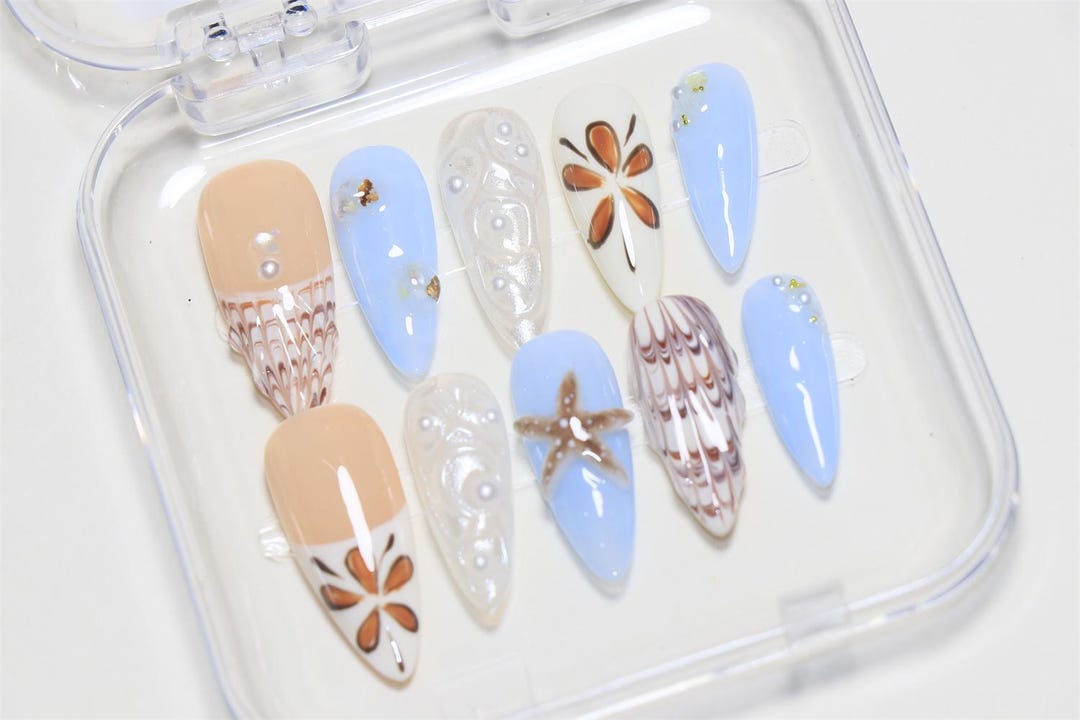 Trendy 3D Seashell Nail for Summer Medium Almond Press on Nail, Custom ...