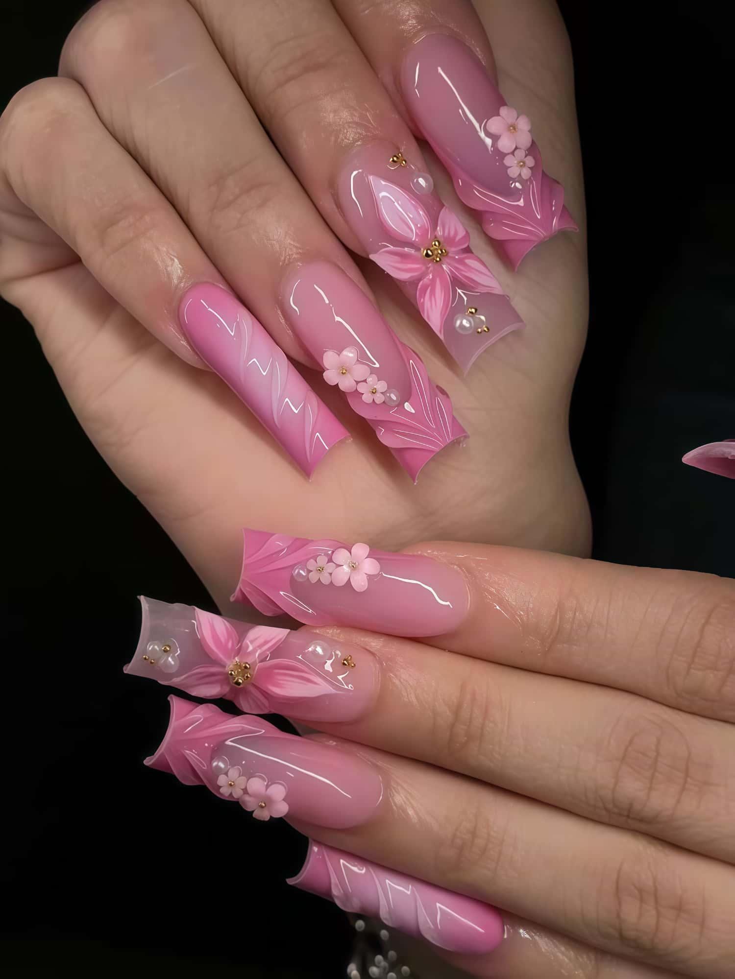 Trendy Colorful Flower Nail for Summer Medium Almond Press on Nail ...