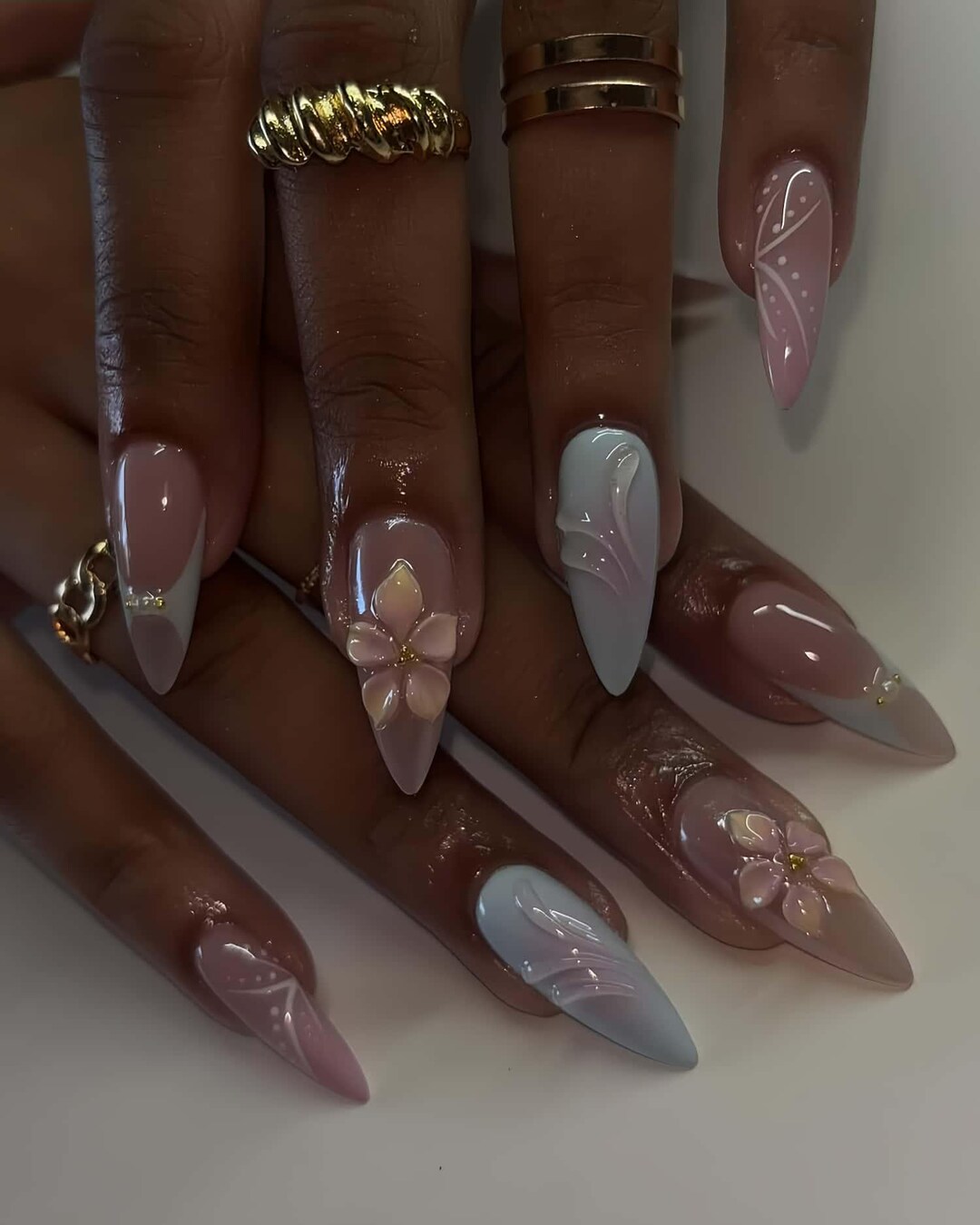 Flower French Flesh Nails,custom Hand Paint Acrylic Nails , 3D Press on ...