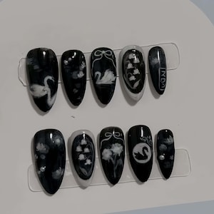 White Swan Nails, Custom Hand Paint Acrylic Nails , 3D Press on Nail ...