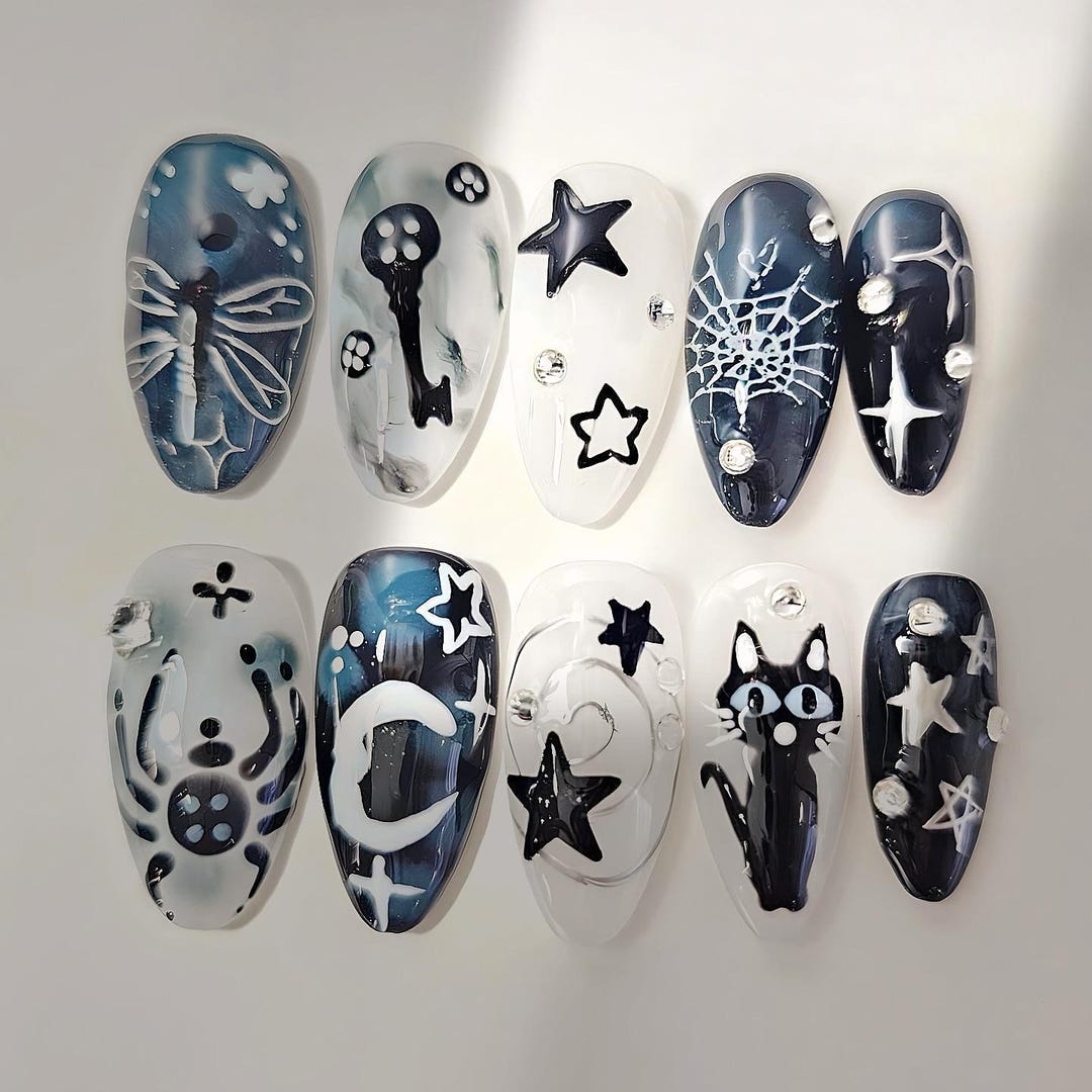 Gothic Styl Enails,custom Hand Painted Acrylic Nails, Cat Nails, 3D ...