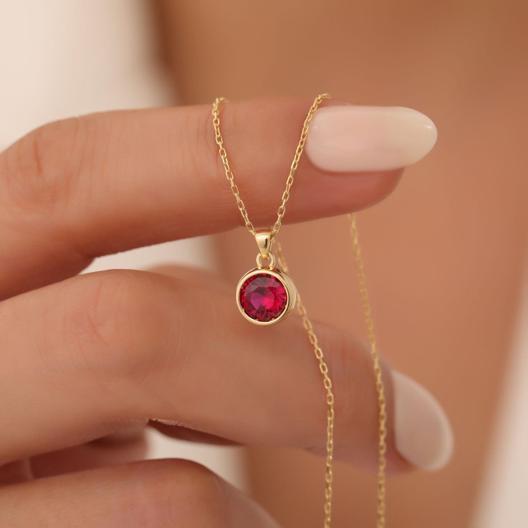 Round Ruby Bezel Necklace 14K Solid Gold, July Birthstone Pendant - Etsy