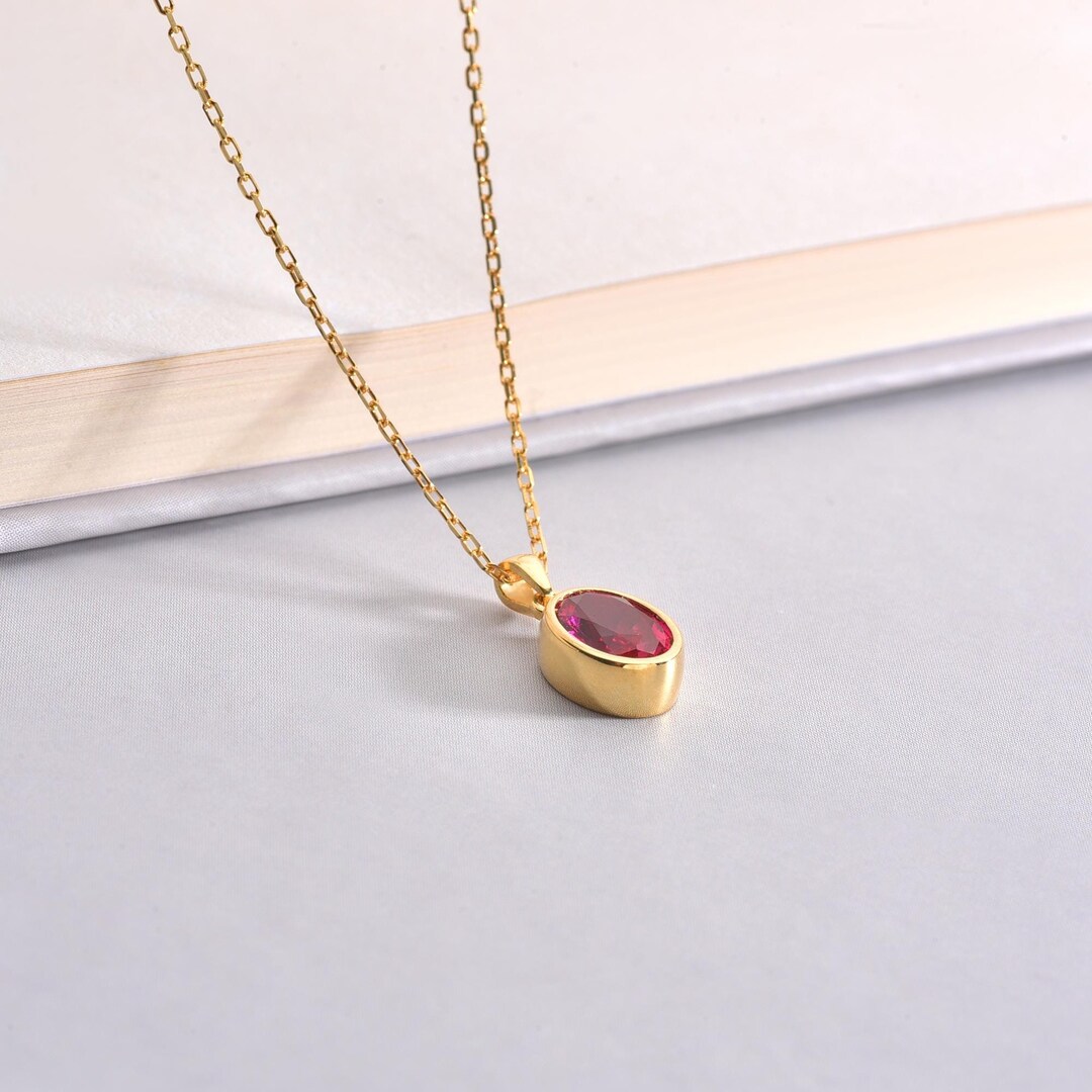 Oval Ruby Bezel Necklace, 14K Solid Gold July Birthstone Pendant - Etsy
