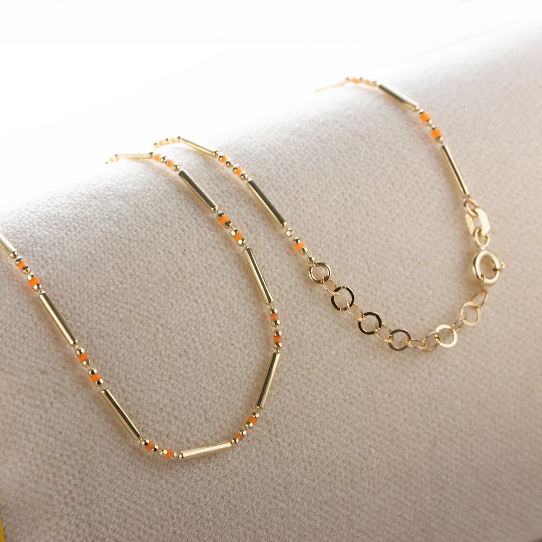 Citrine Enemal Necklace, Enameled Beaded Bar, November Birthstone, 14K ...