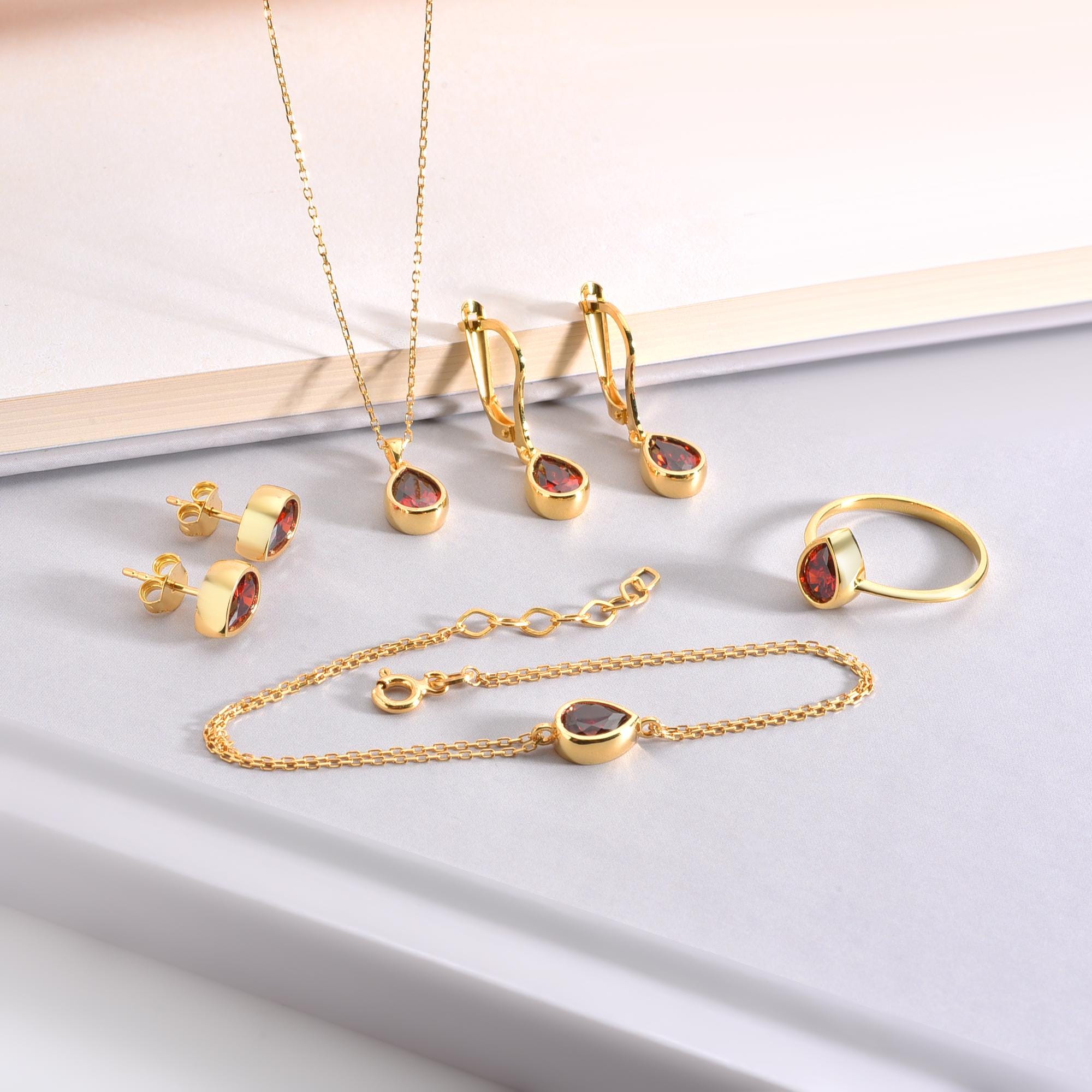 Garnet Drop Bezel Setting Necklace, 14K Solid Gold January Birthstone ...