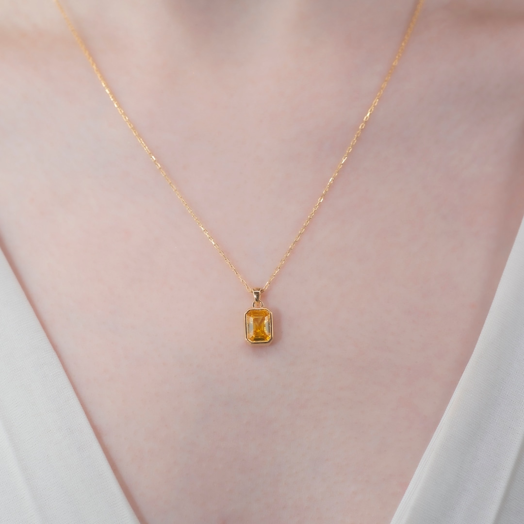 Classic 14K Solid Gold and Yellow Topaz Rectangle Necklace, Christmas ...